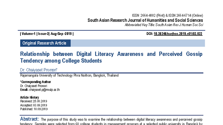 Sarjhss 12: Relationship Between Digital Literacy Awareness & Gossip ...