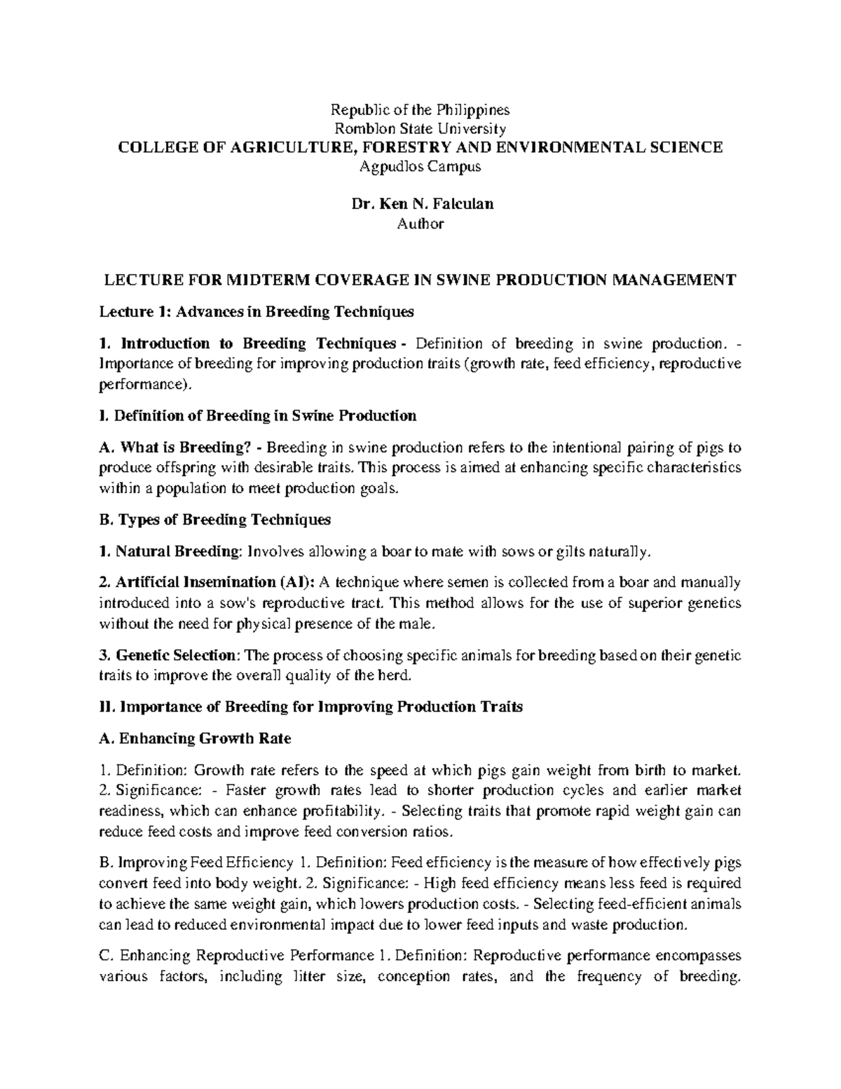 SWINE PRODUCTION MANAGEMENT LECTURE NOTES (AGRI 101) - MIDTERM COVERAGE ...