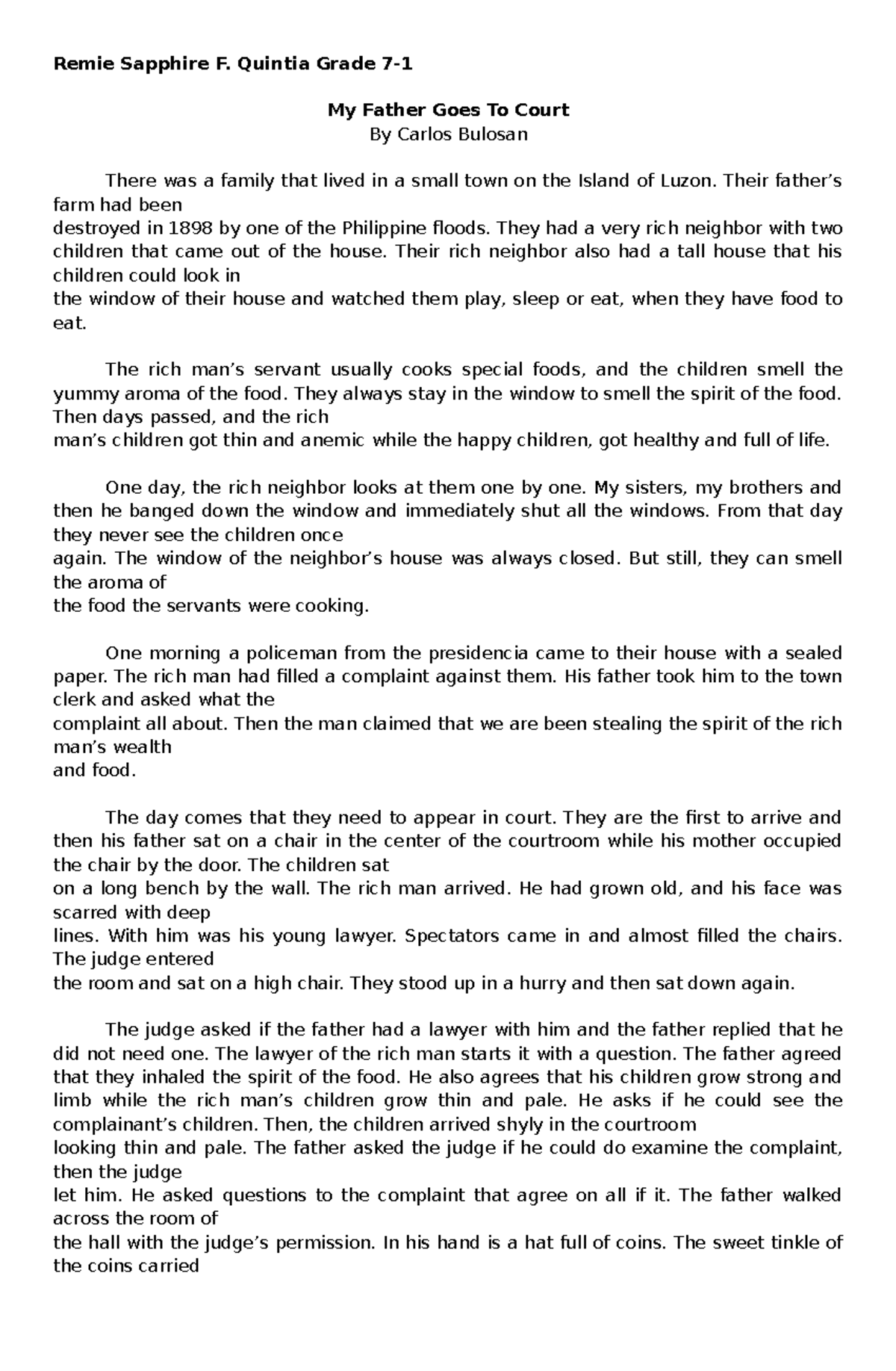 My Father Goes to Court: A Study of Carlos Bulosan's Work - Studocu