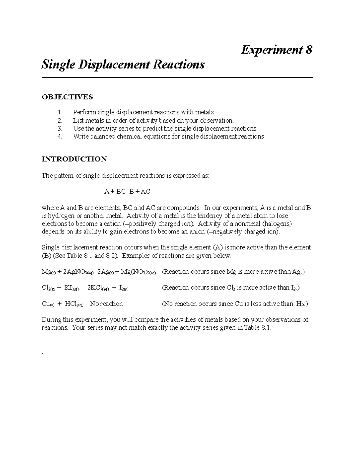 CHM130LL Experiment 8: Single Displacement Reactions Overview - Studocu