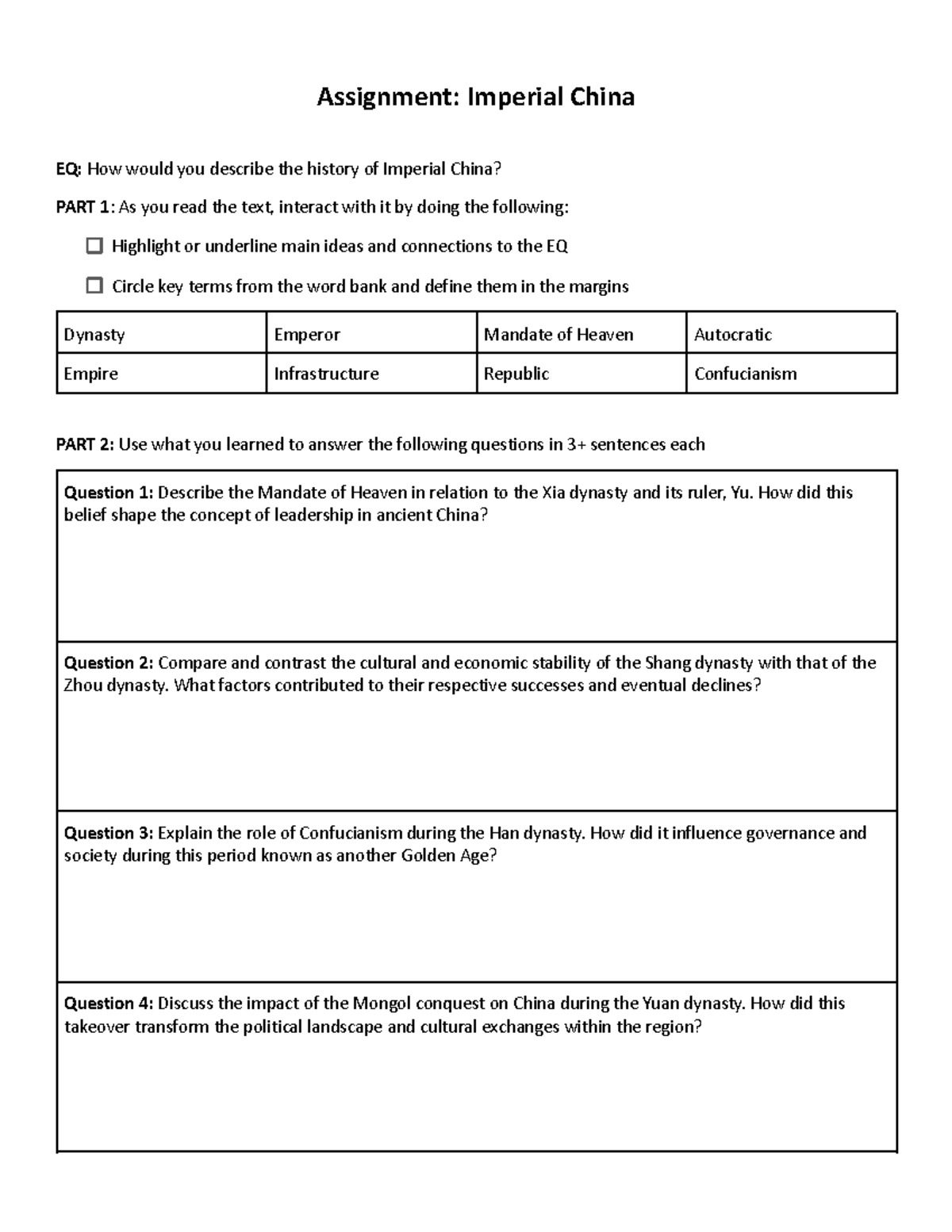 Assignment: History of Imperial China - Key Dynasties and Concepts ...