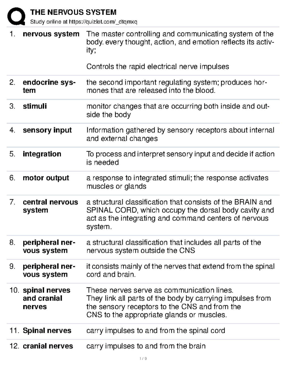 Nervous System Overview: Key Concepts and Functions Study Guide - Studocu