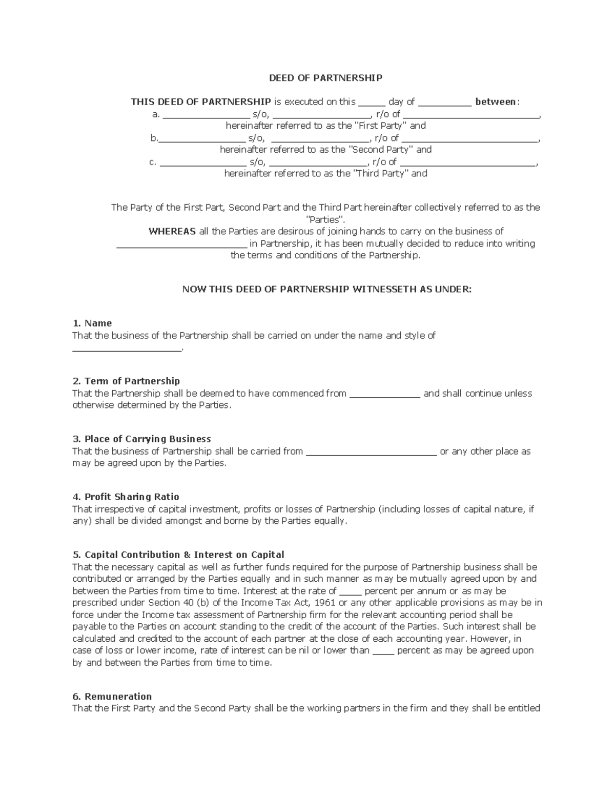 Deed of Partnership Agreement Template - Studocu