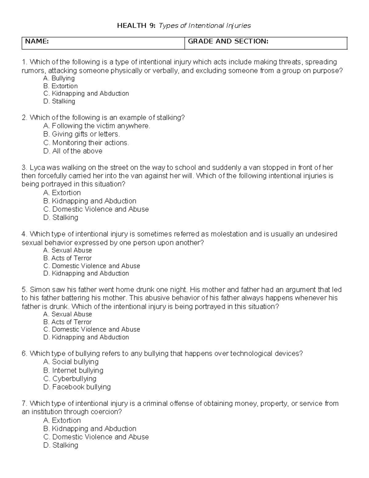 Health 9 - Understanding Types of Intentional Injuries Quiz - Studocu