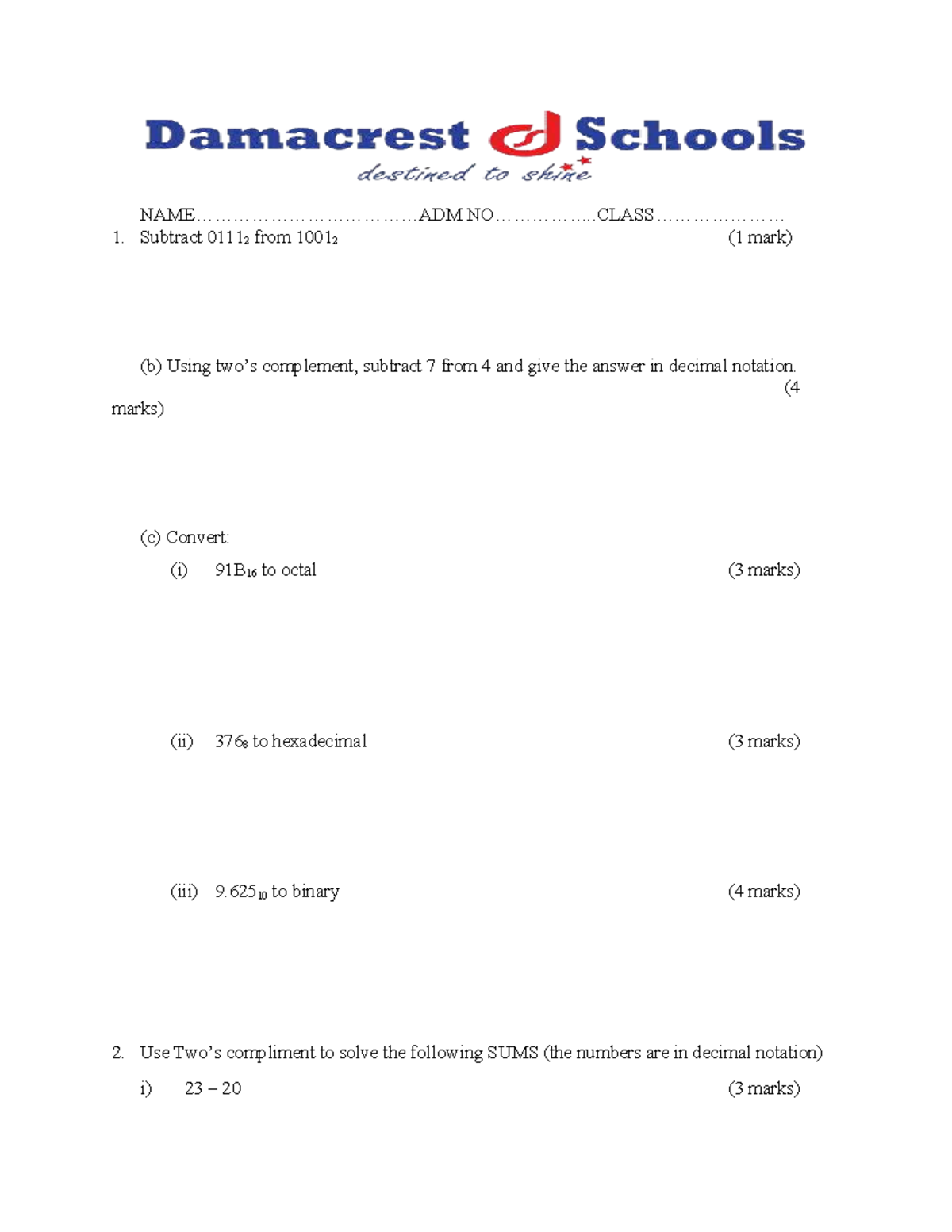 DATA Representation RAT 2: Subtraction & Conversion Exercises - Studocu