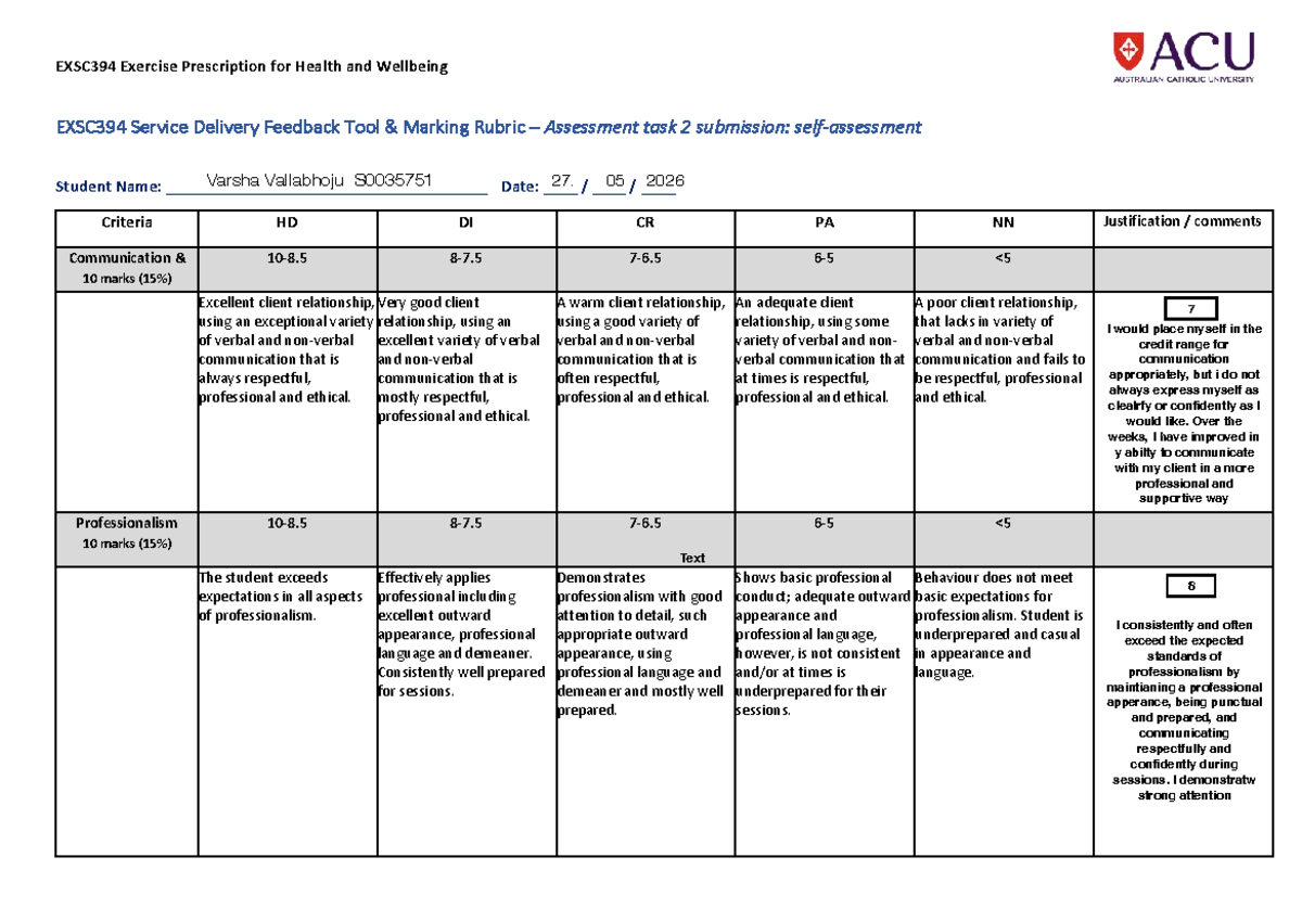 EXSC394 AT2 Service Delivery Feedback Tool & Marking Rubric 2026 - Studocu