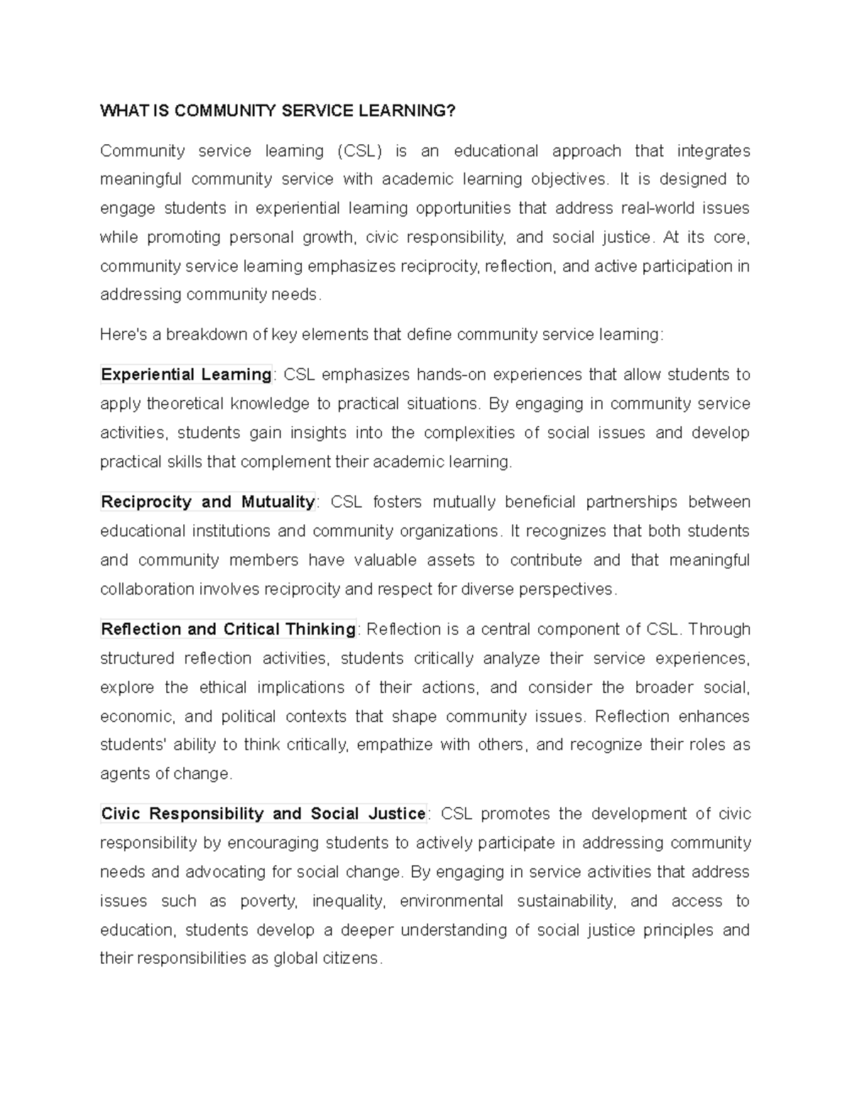 CSL 101: Understanding Community Service Learning Principles - Studocu
