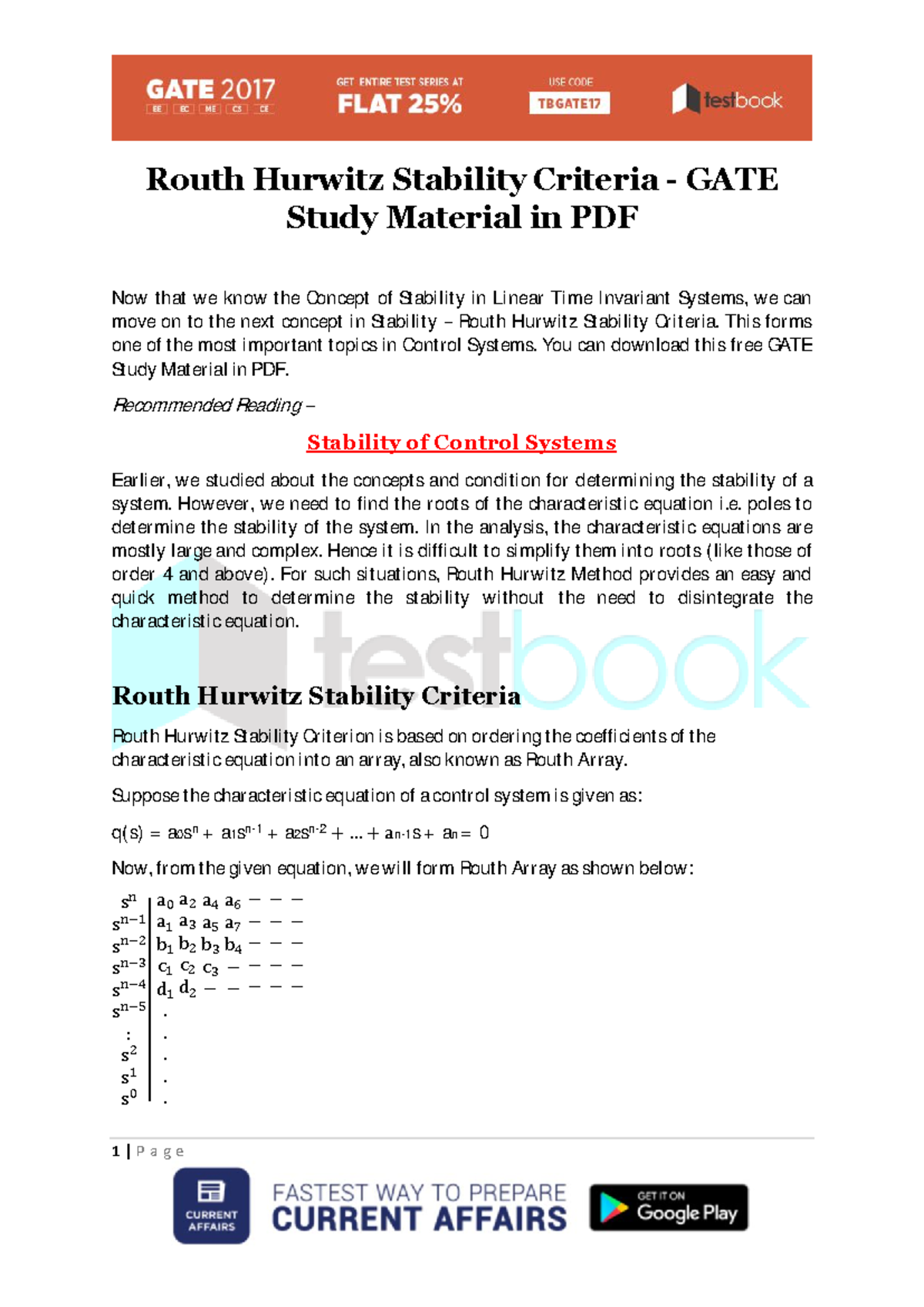 Routh Hurwitz Stability Criteria - GATE Study Material (PDF) - Studocu
