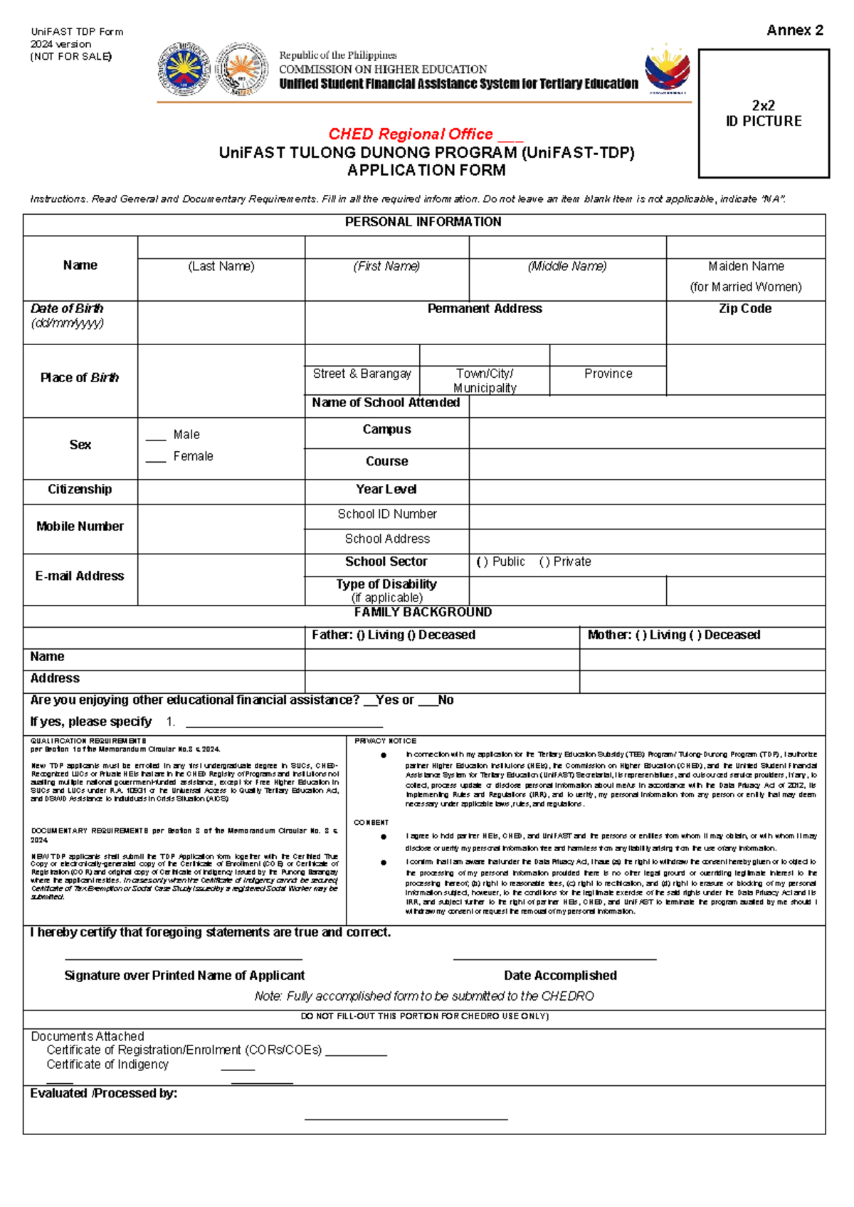 UniFAST TDP Application Form 2024 - Medical Technology Program - Studocu