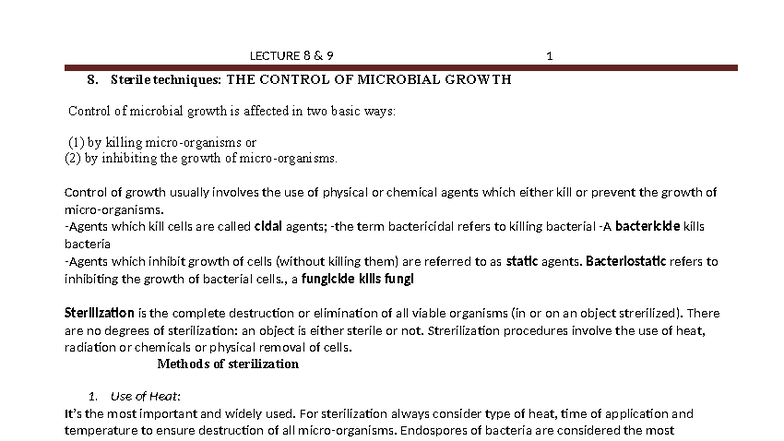 LECTURE 8 & 9: Control of Microbial Growth Techniques - Studocu
