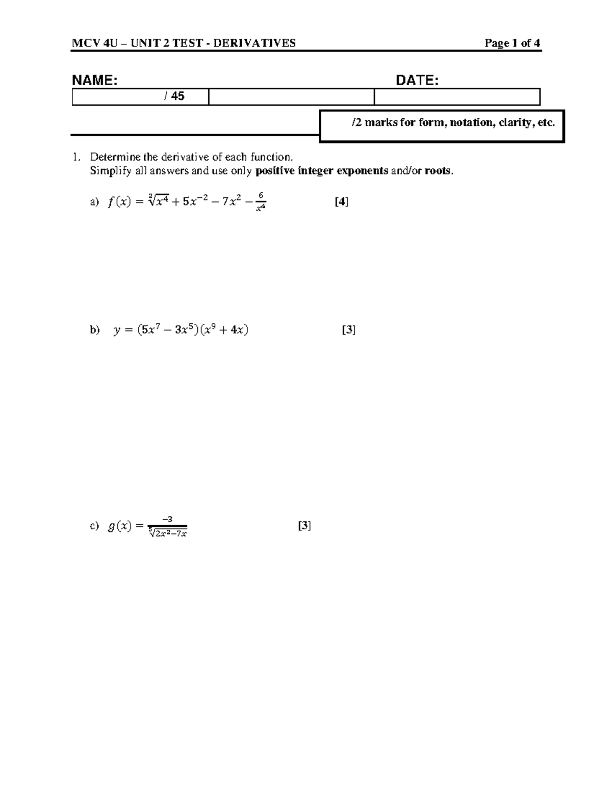 MCV4U Unit 2 Test: Derivatives - Night School 2025 - Studocu