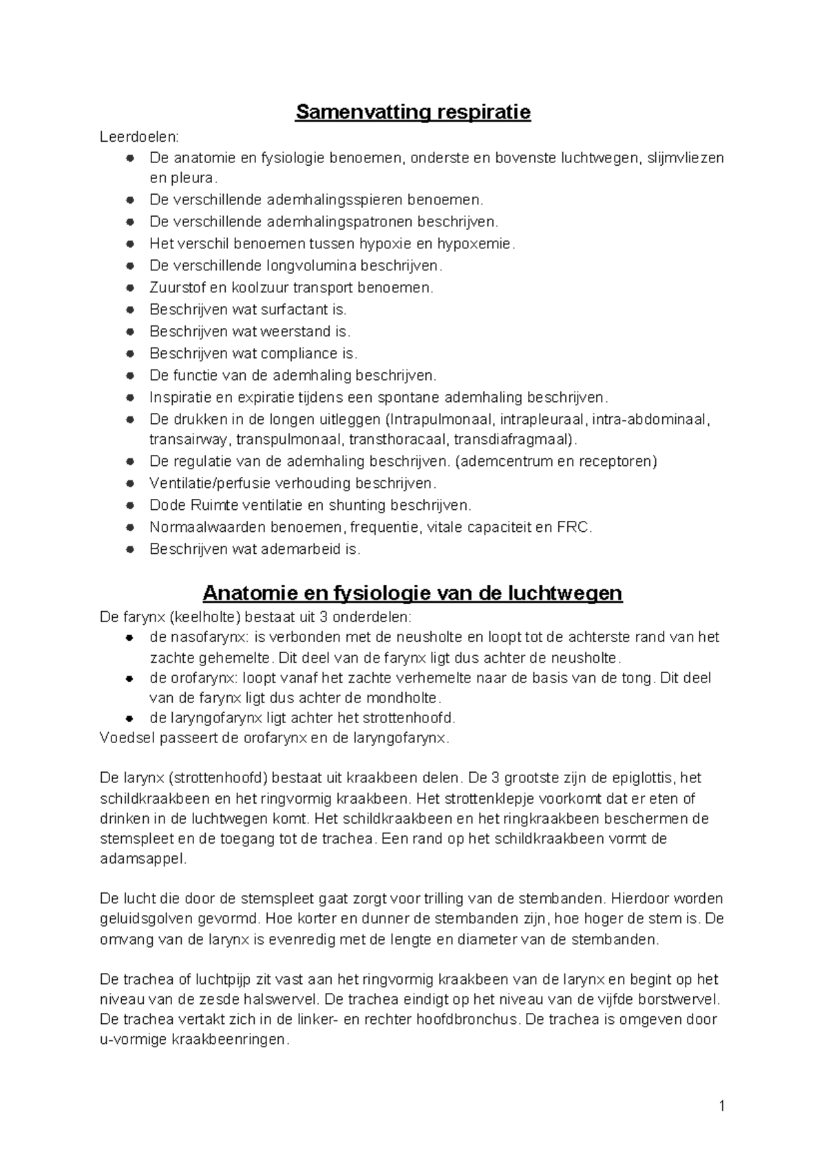 Samenvatting Anatomie en Fysiologie van de Respiratie (HC-101 ...