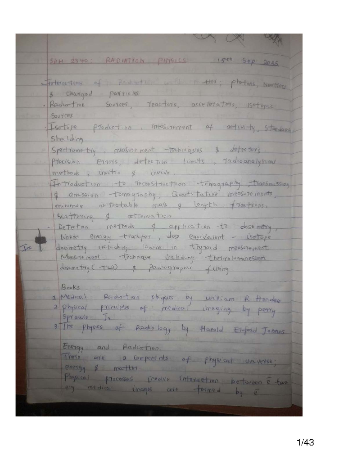 SPH 2340: Radiation Physics Lecture Notes - Key Concepts and Techniques ...
