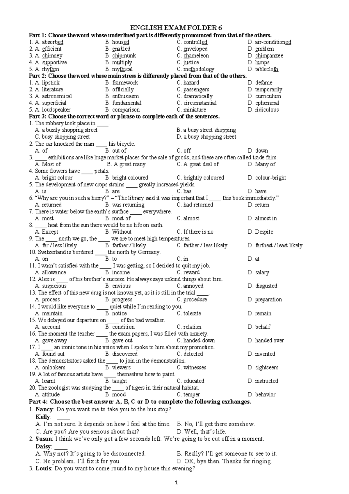 English EXAM Folder 6 (questions) - ENGLISH EXAM FOLDER 6 Part 1 ...