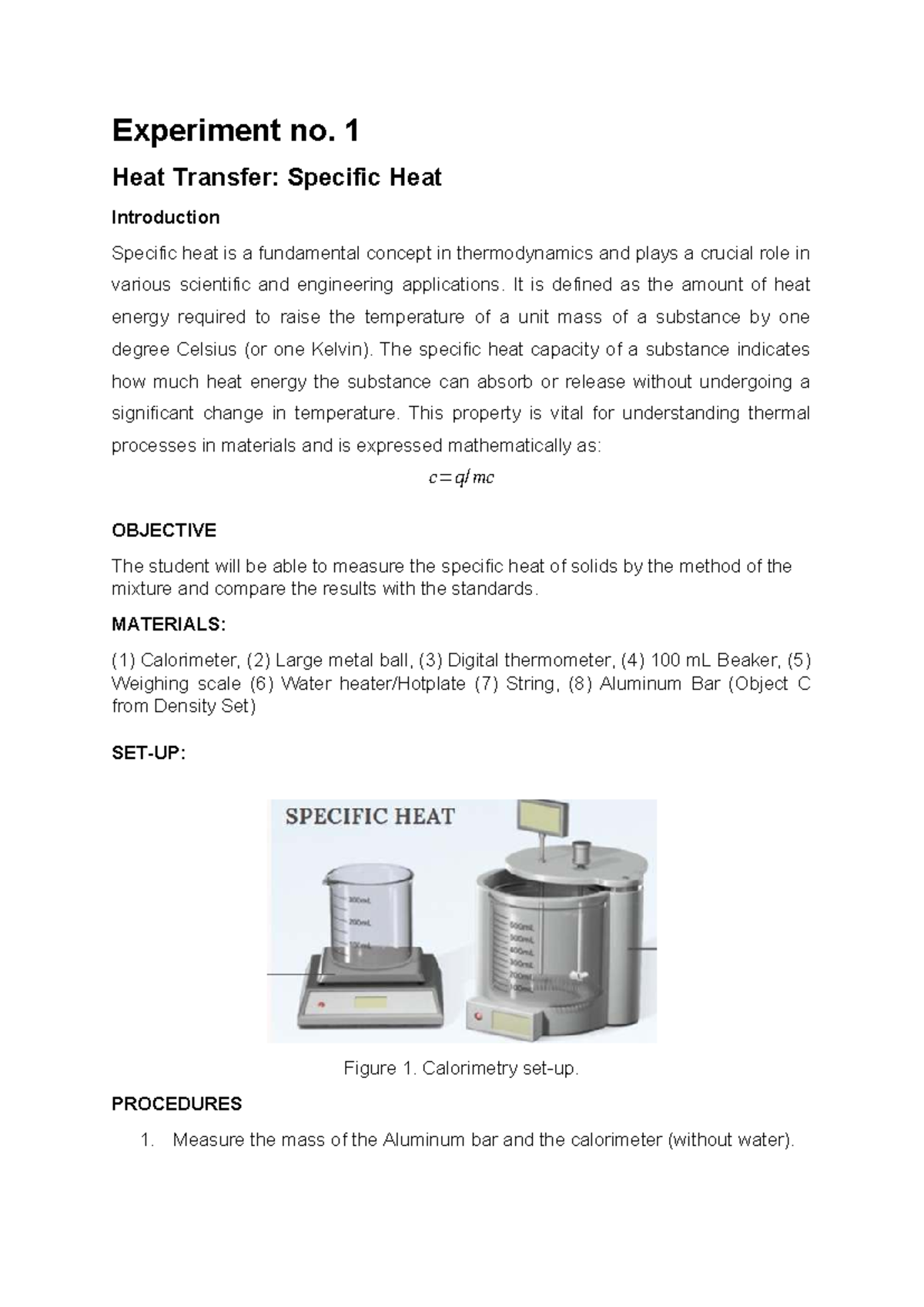 Experiment No. 1 - Heat Transfer: Measuring Specific Heat Capacity ...