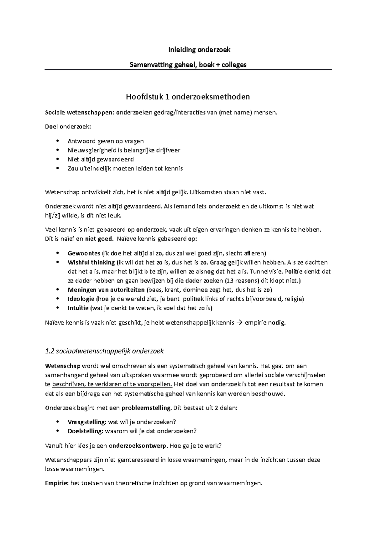 Inleiding Onderzoek: Samenvatting van Boek en Colleges (SW-01 ...