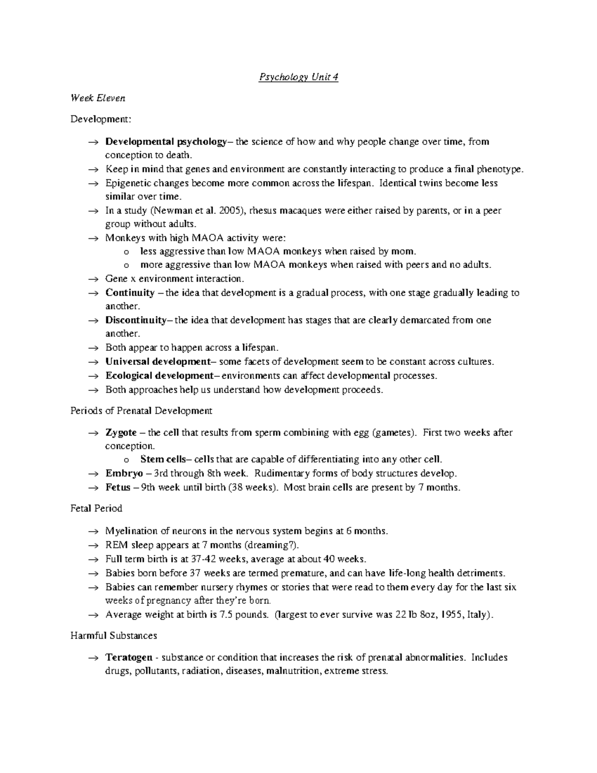 Psych 1010 Unit 4: Developmental Psychology and Key Concepts - Studocu