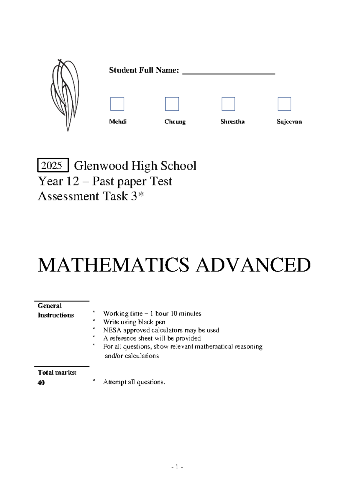 2025 MATHEMATICS ADV Year 12 Final Exam Past Paper Analysis - Studocu