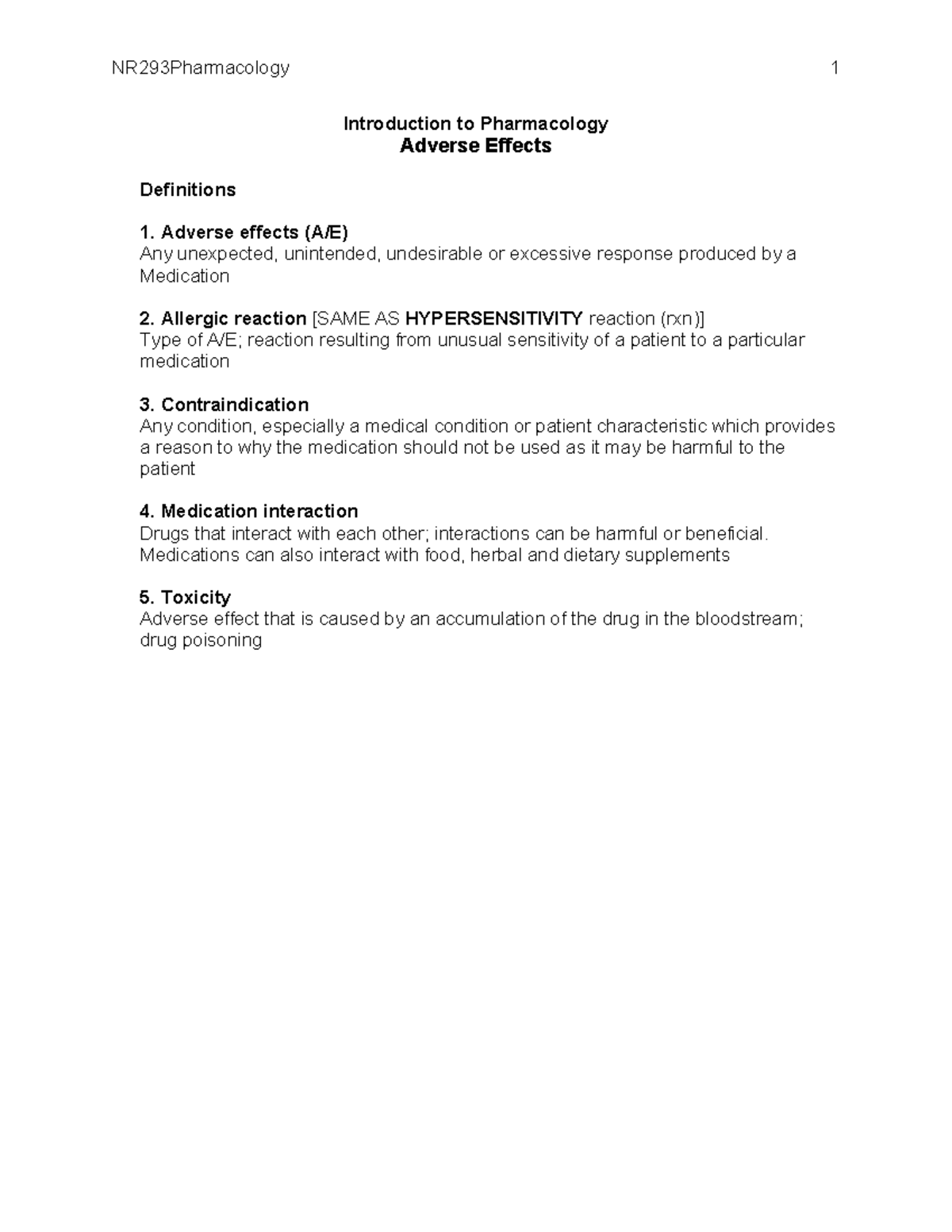 NR293 Pharmacology 1: Adverse Effects and Definitions Overview - Studocu