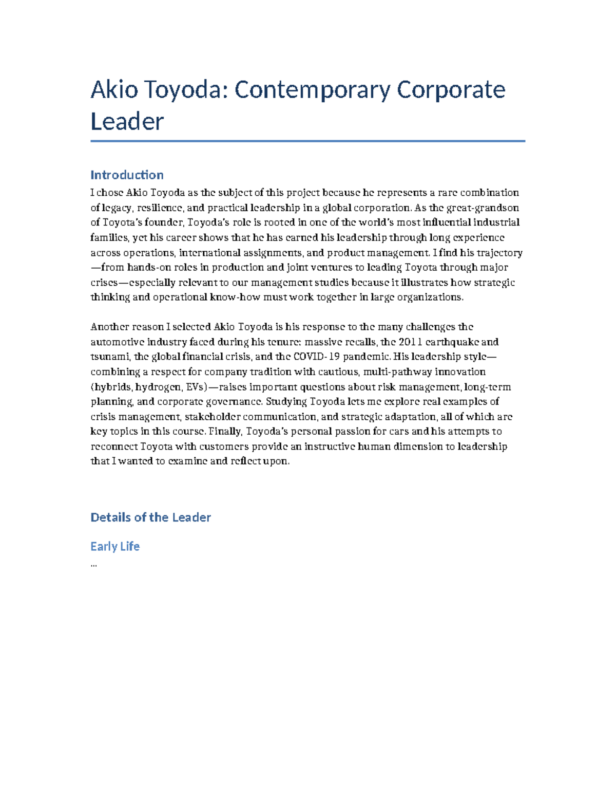 Akio Toyoda: Leadership Insights in Corporate Management (MGT 101 ...