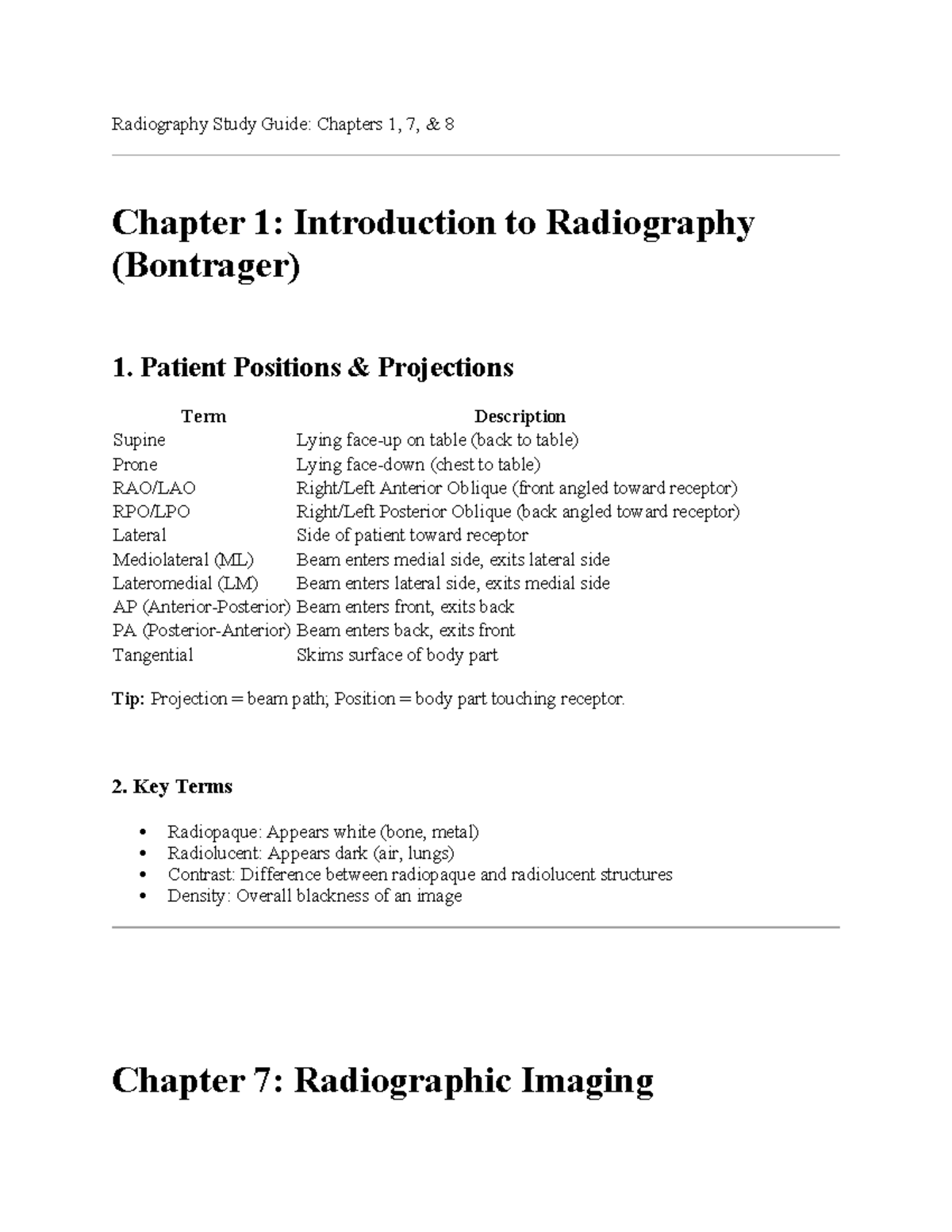 Radiography Study Guide: Chapters 1, 7, 8 for IMSA Test 1 - Studocu