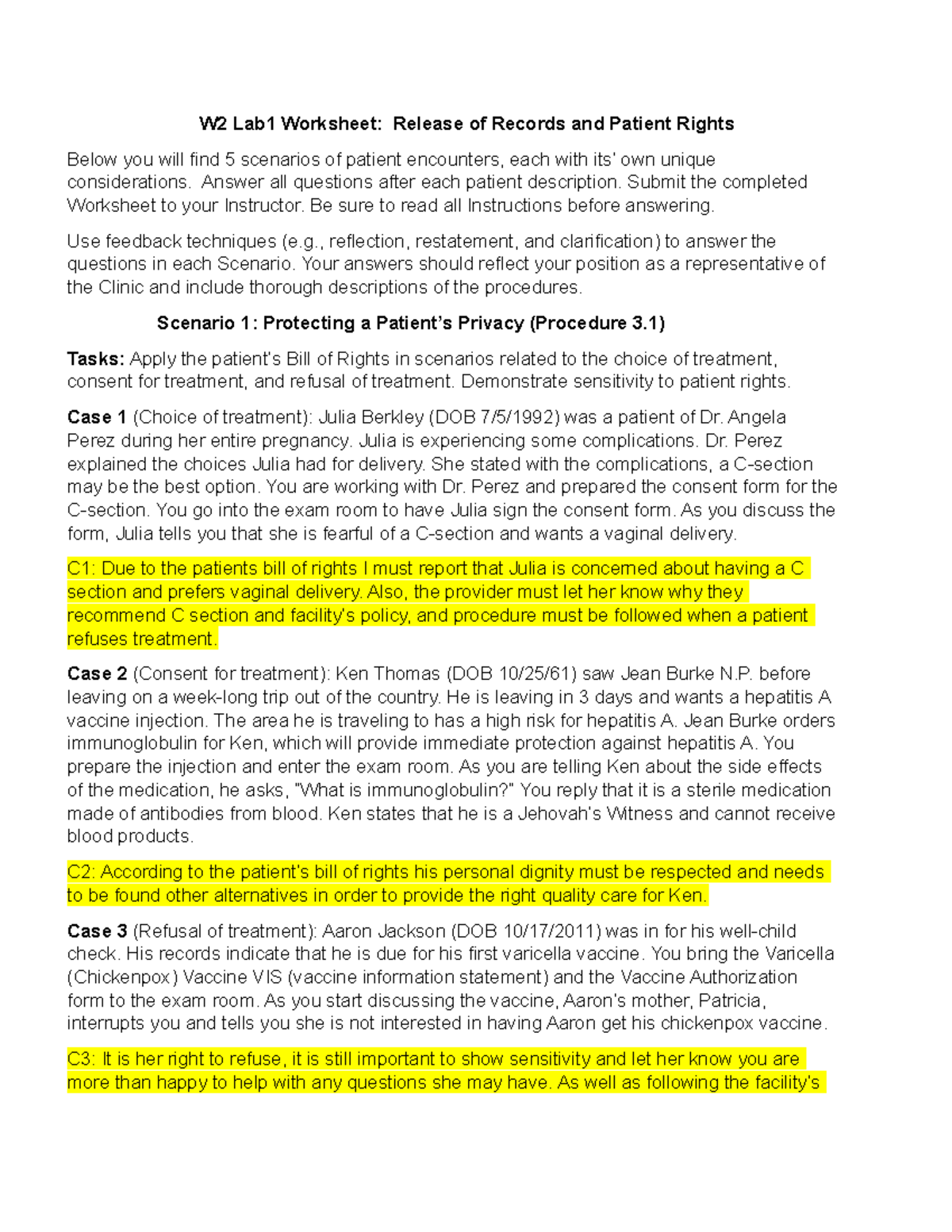 MOA110 W2 Lab - Patient Rights & Ethical Considerations Worksheet - Studocu