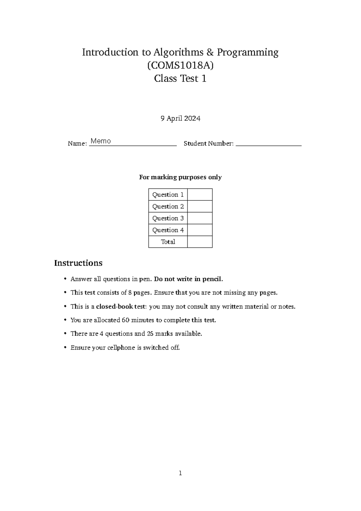 Coms1018A Class Test 1 - Introduction to Algorithms & Programming - Studocu