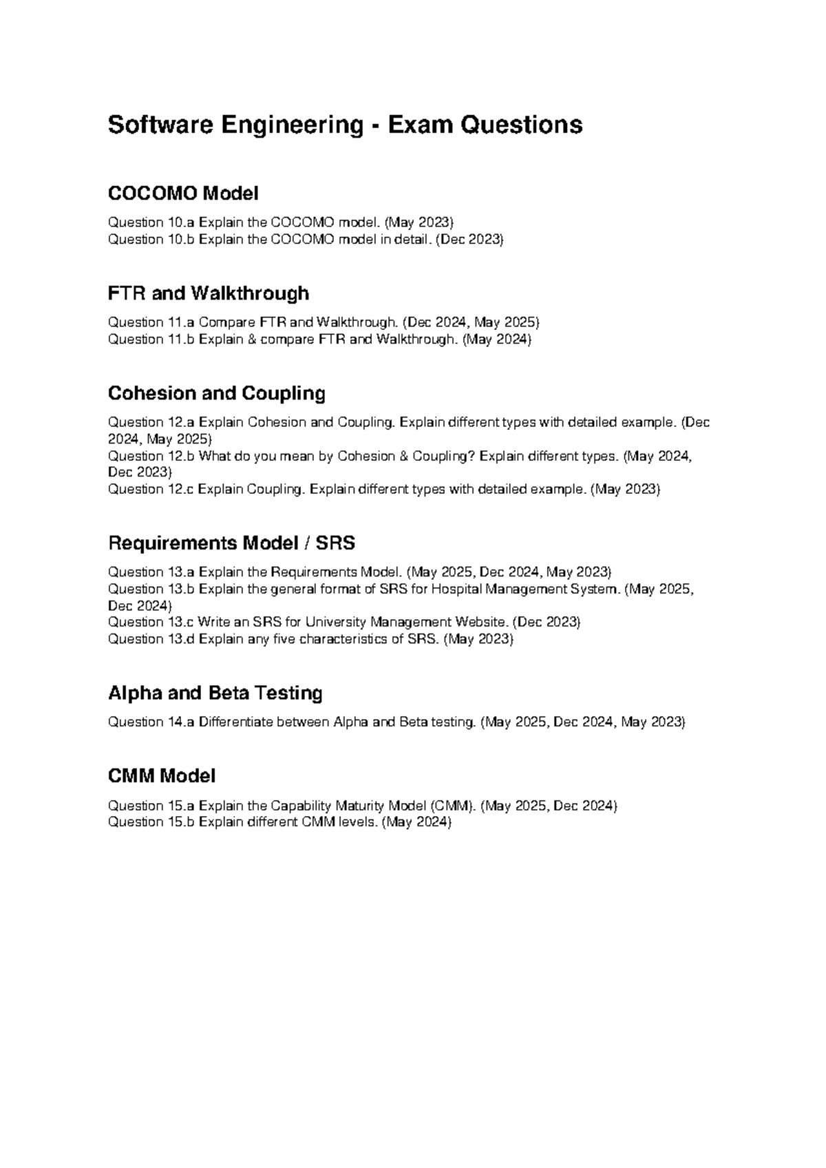 Software Engineering Exam Questions (COCOMO, FTR, SRS, CMM) - Studocu