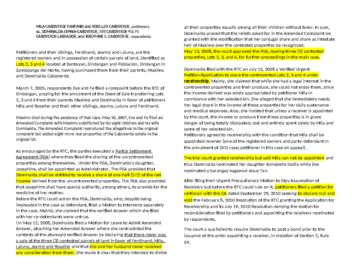 Case Study on Receivership, Replevin, and Support Pendente Lite - Studocu