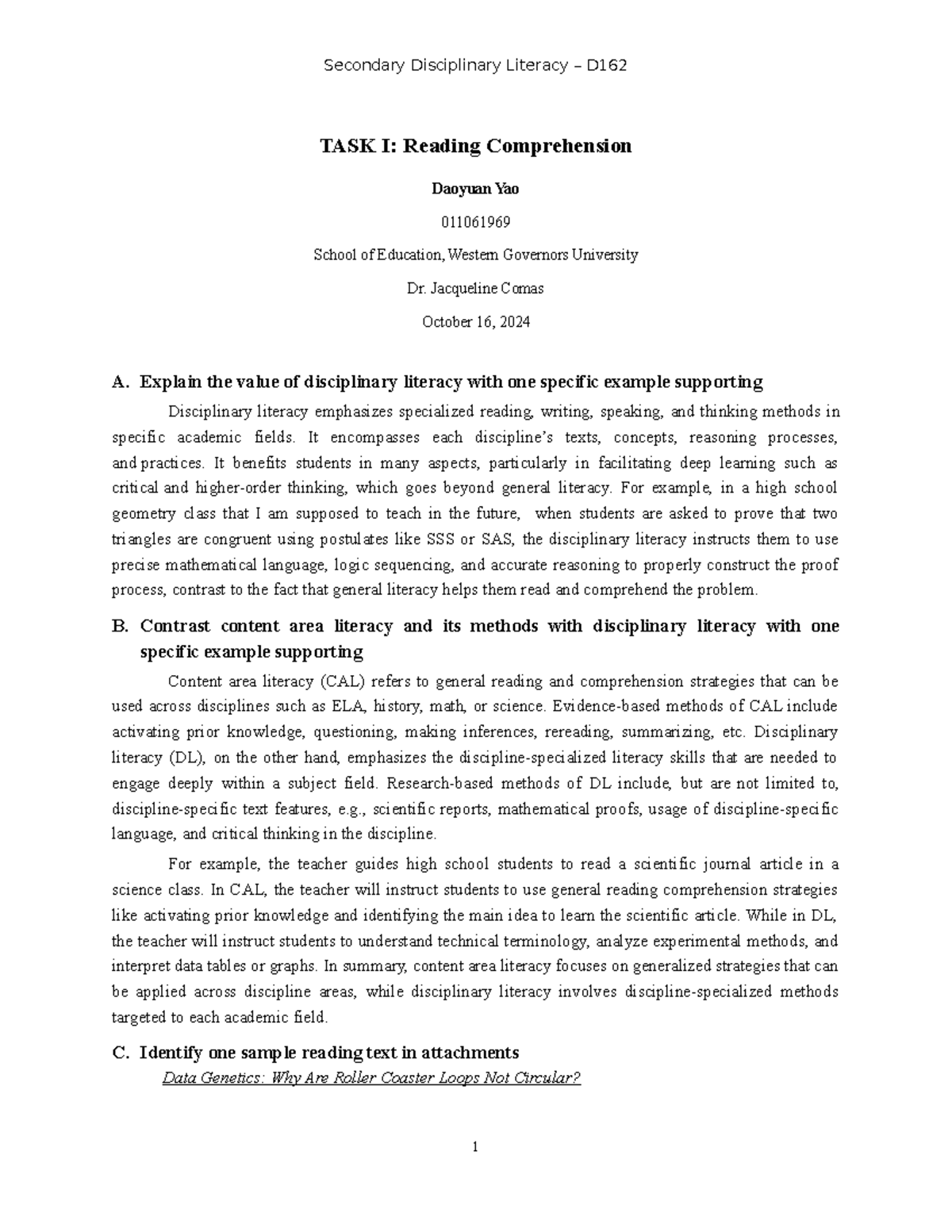 D162 Task 1 Daoyuan Yao R1 - TASK I: Reading Comprehension Daoyuan Yao ...