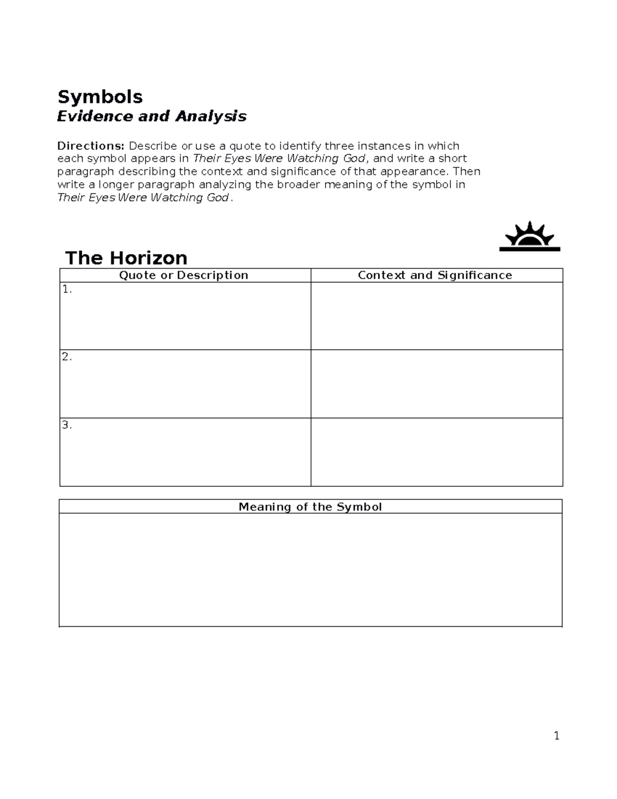 Symbol Analysis Organizers for Their Eyes Were Watching God (ENG 101 ...