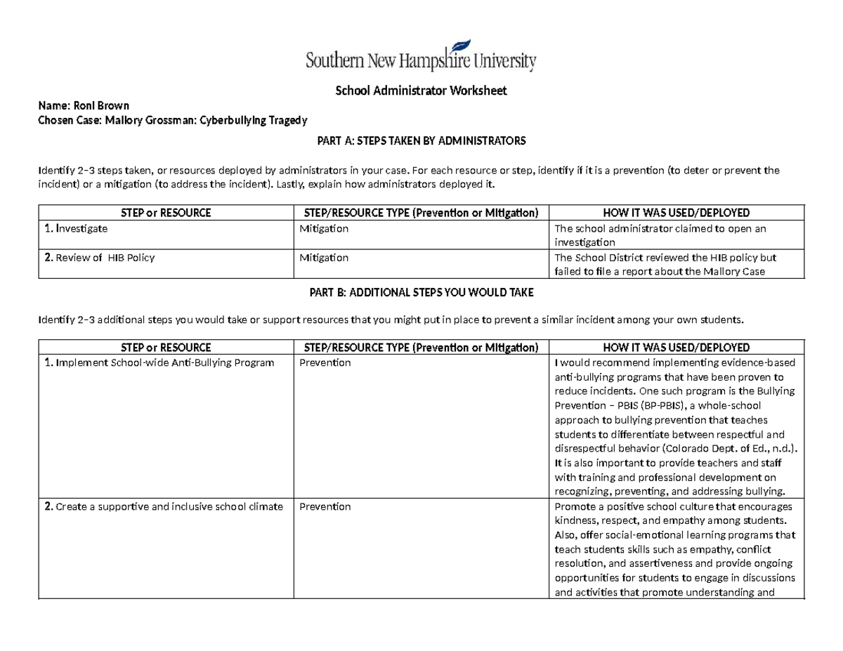 PSY 322 Module 6-1 School Administrator Worksheet - School ...