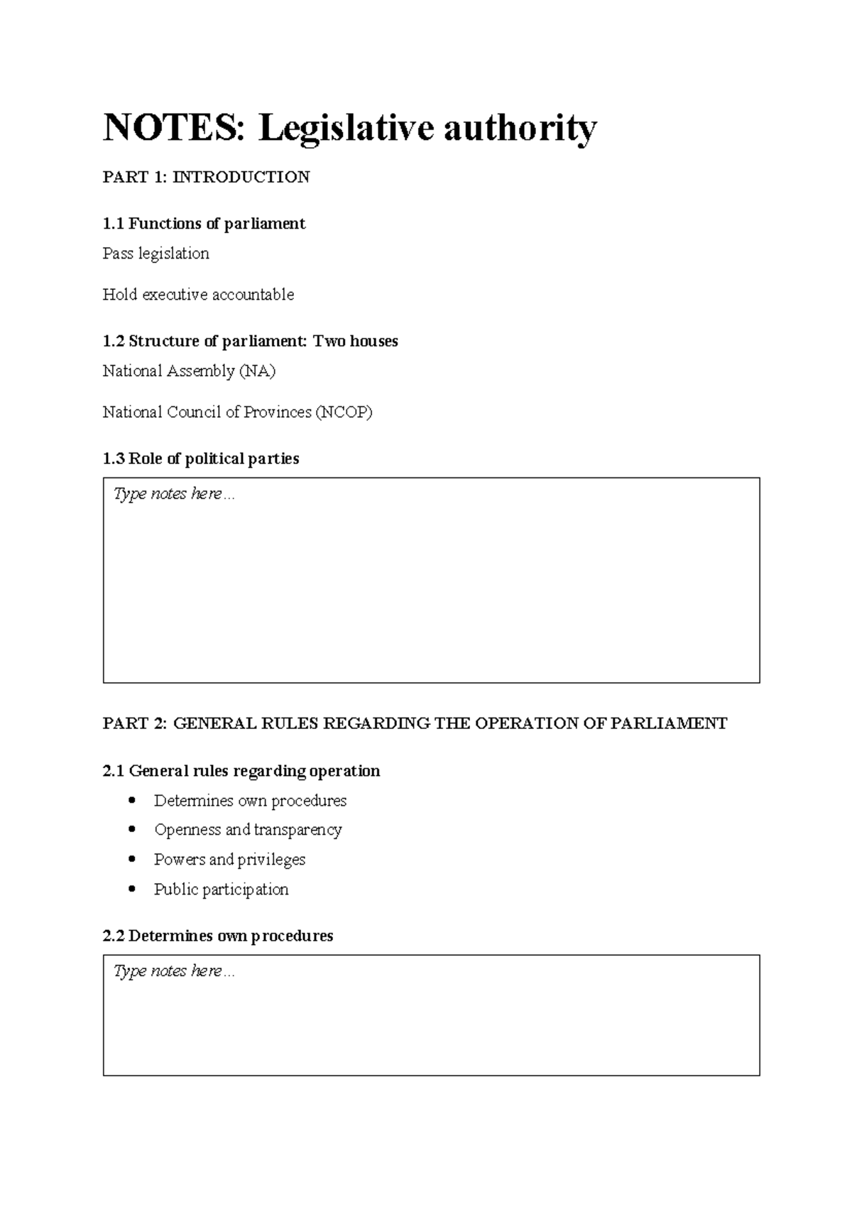 Legislative Authority Notes - Key Functions of Parliament (POL101 ...