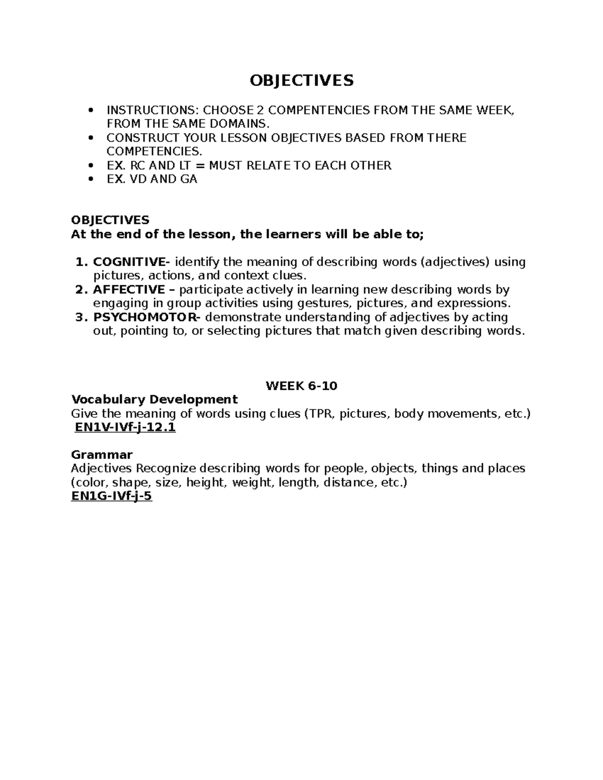 Lesson Objectives for Vocabulary Development and Adjectives (Wk 2 ...