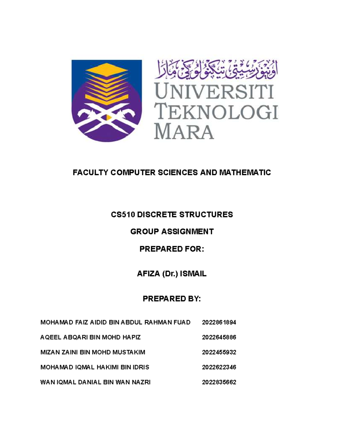 Group Assignment CS510: Discrete Structures Problem Solving - Studocu