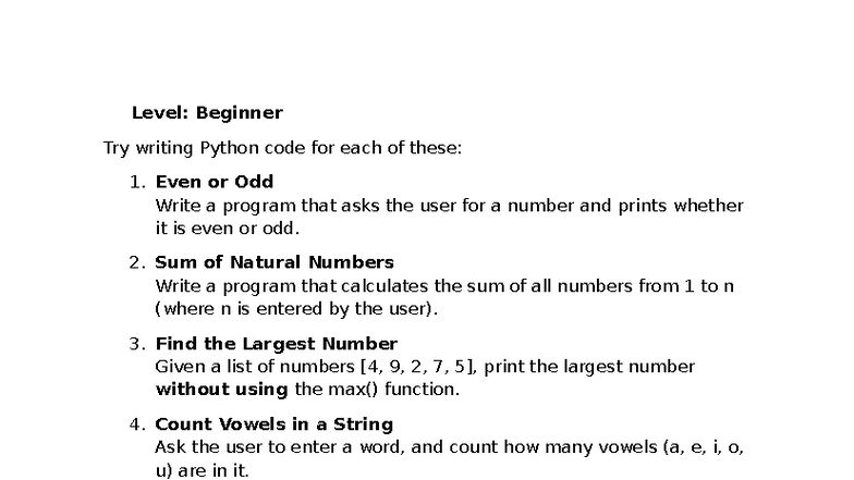 Python Exercises for Beginners: Basic Coding Tasks - Studocu