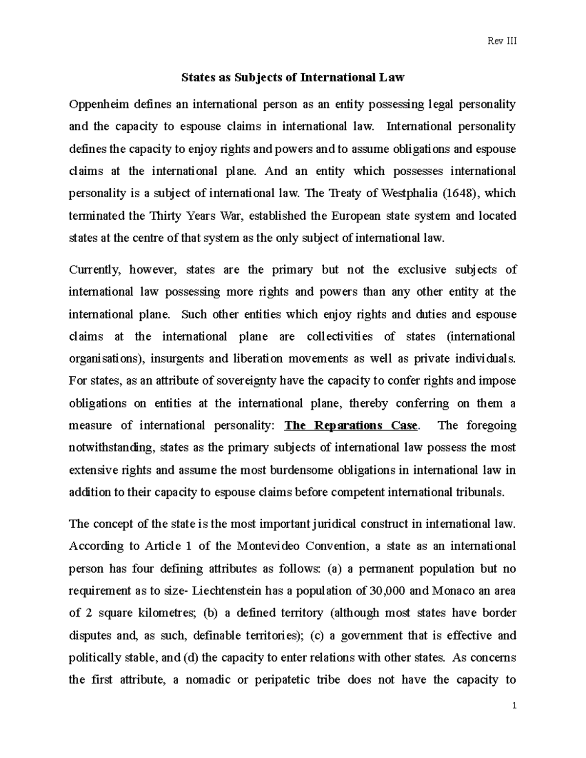 Lecture Notes - States as Subjects in Int'l Law: An Analysis - Studocu
