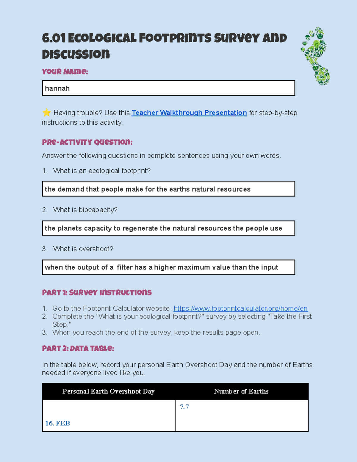 6.01 Ecological Footprints Survey & Discussion Responses - Studocu
