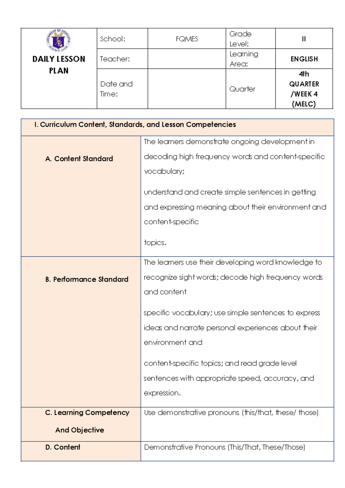 Demonstrative Pronoun DLP for Grade 2 - Quarter 4 Lesson Plan - Studocu