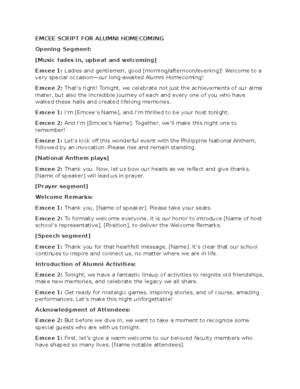 EMCEE SCRIPT FOR ALUMNI HOMECOMING CELEBRATION - Studocu