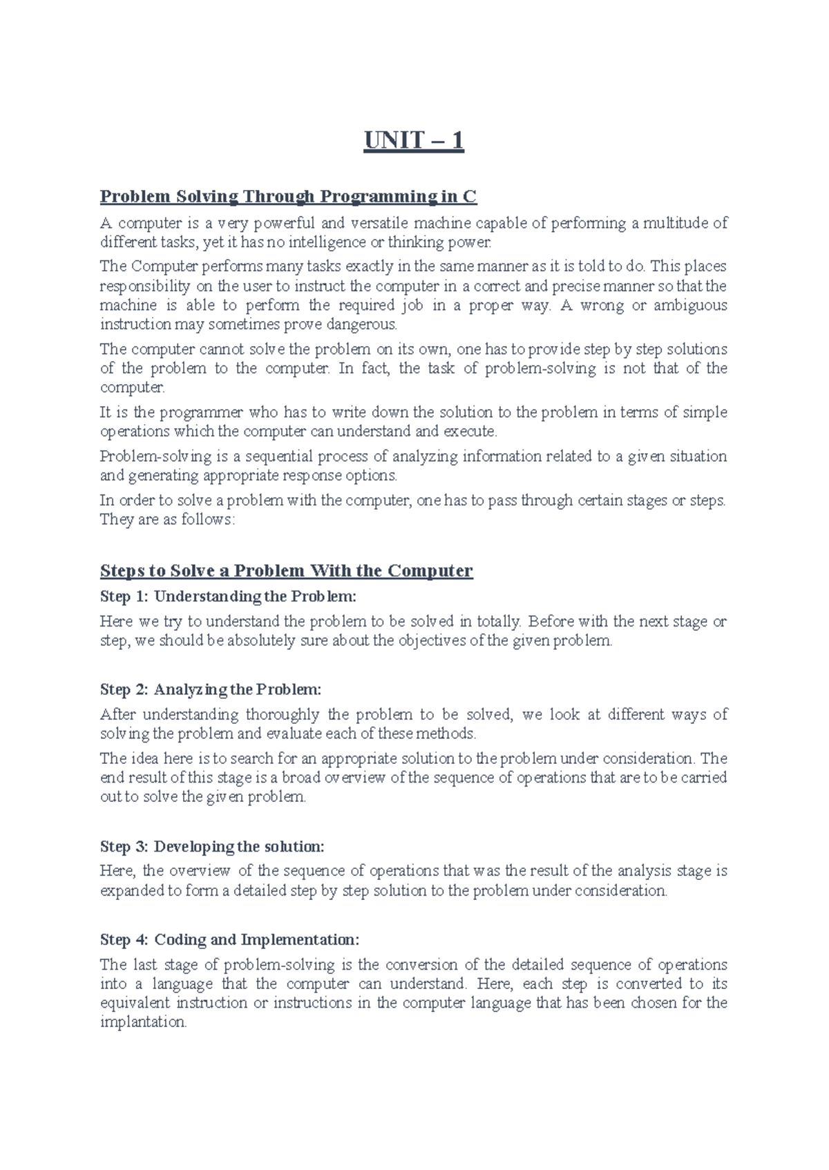 PSC 101: Problem Solving Through Programming in C - Unit 1 Notes - Studocu