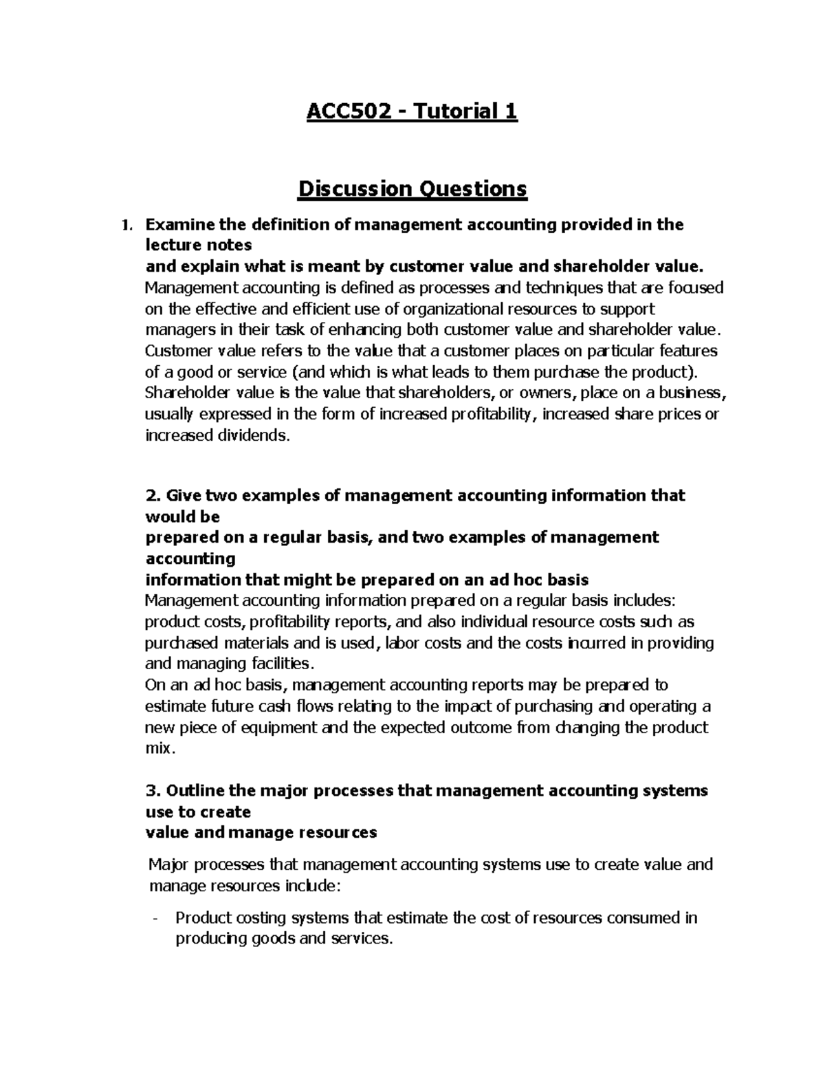 ACC502 Week 1 Tutorial Answers: Management Accounting Insights - Studocu