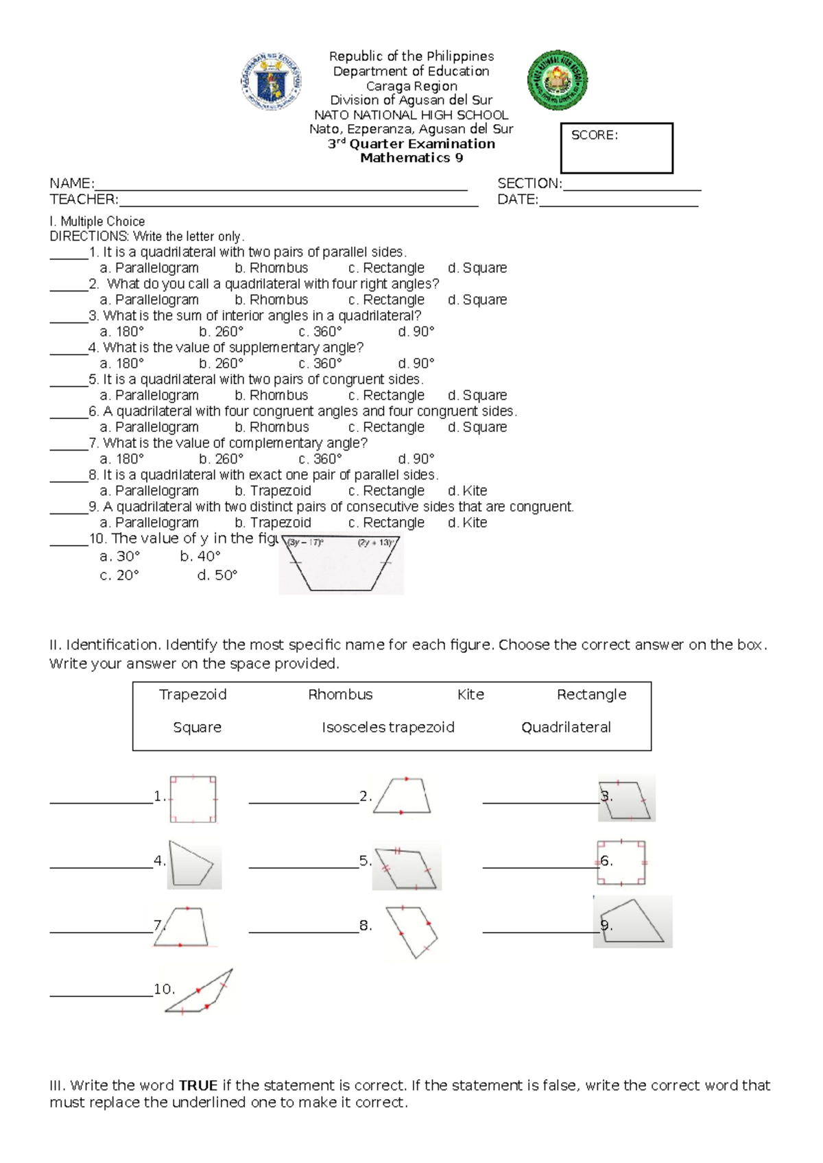 Math 9 3rd Quarter Exam: Quadrilaterals and Angles - Studocu