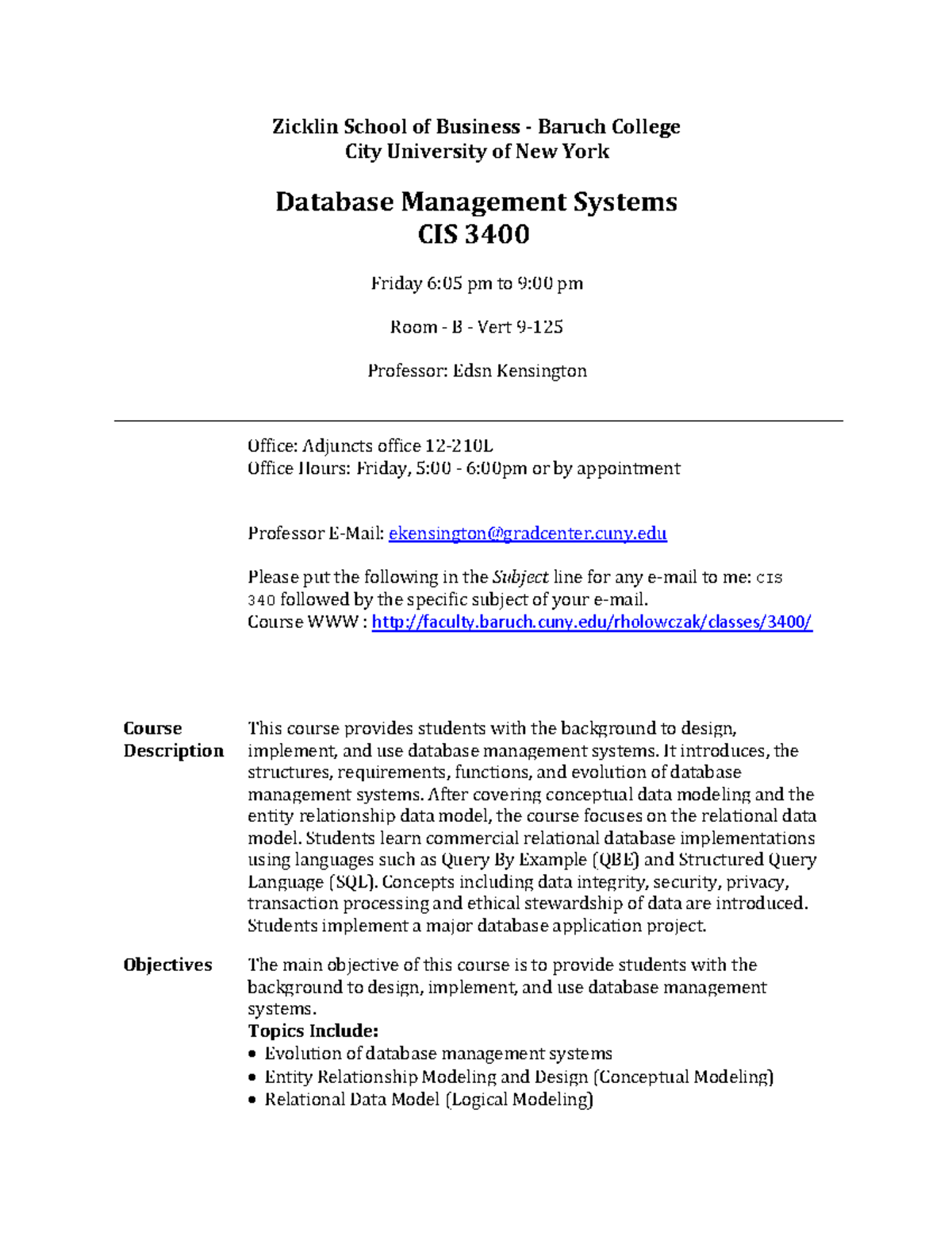 CIS 3400: Database Management Systems Course Overview & Schedule - Studocu