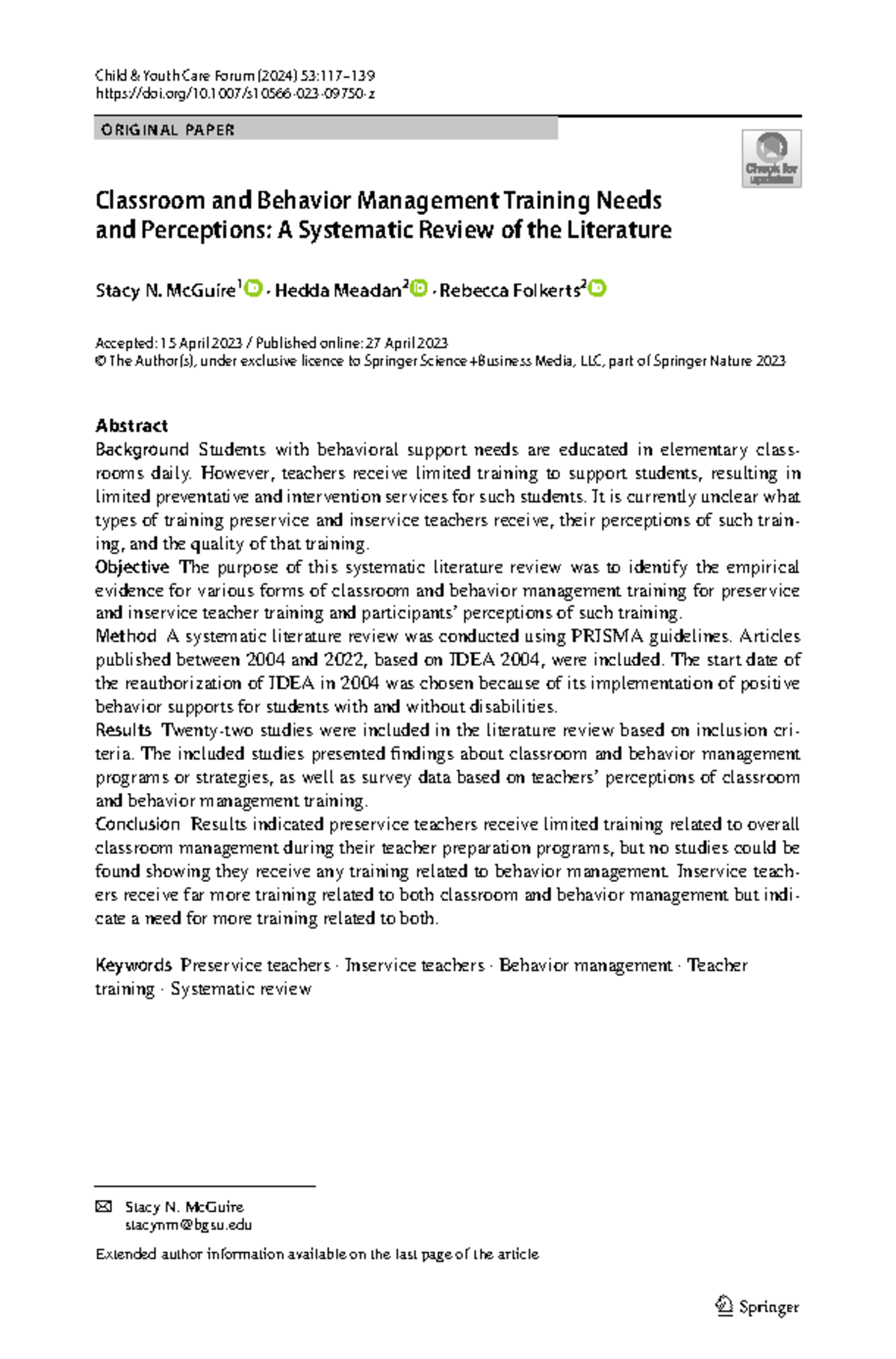 Classroom and Behavior Management Training Needs: A Systematic Review ...