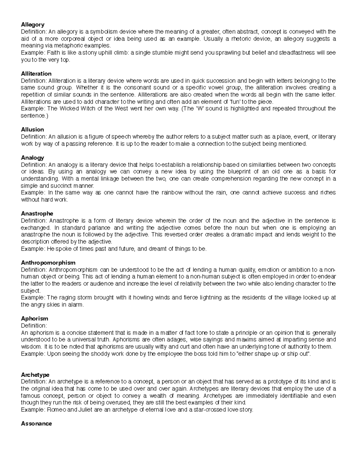 Lang & Lit Devices: Definitions & Examples of Key Terms - Studocu