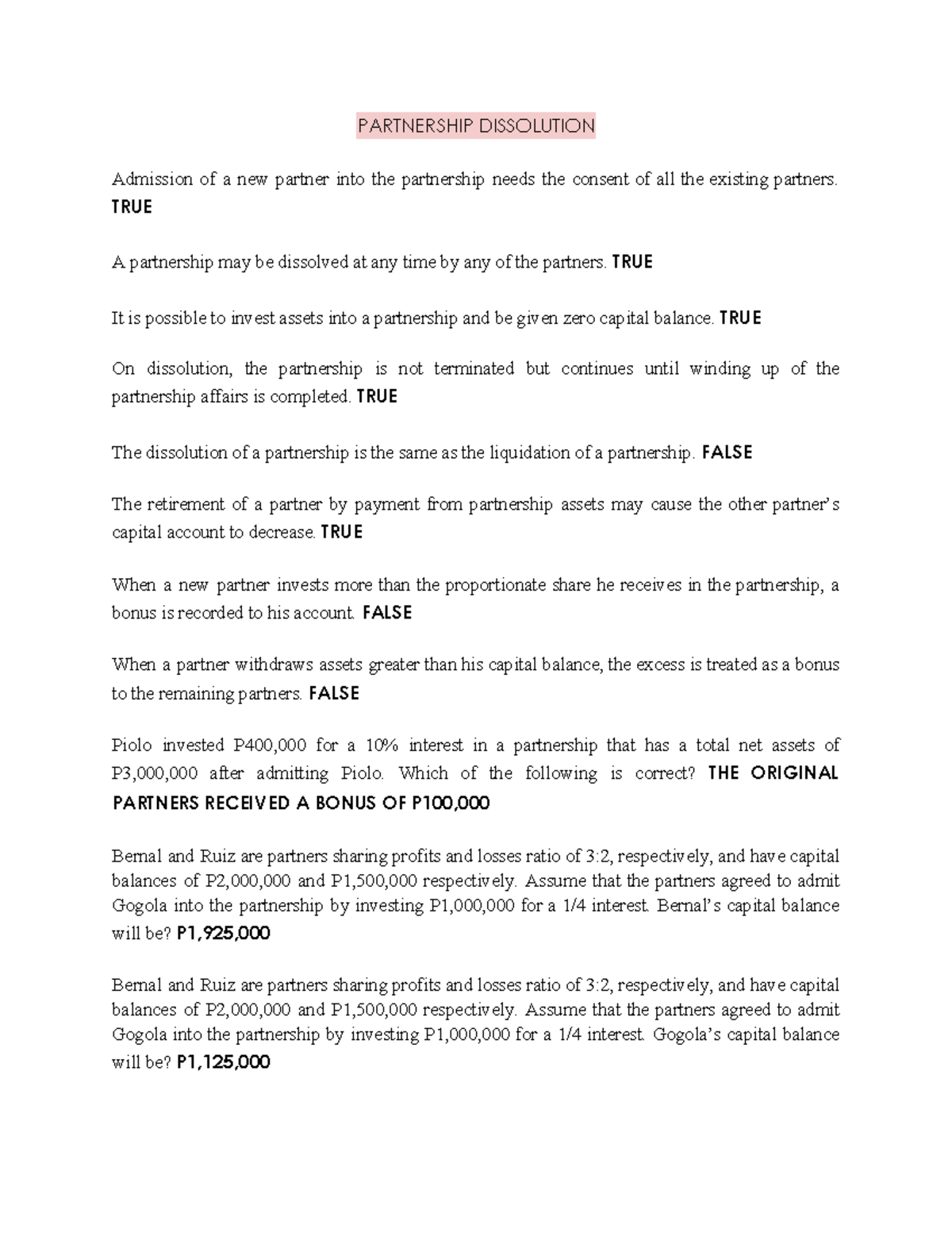 Exam 2020, questions and answers - PARTNERSHIP DISSOLUTION Admission of ...