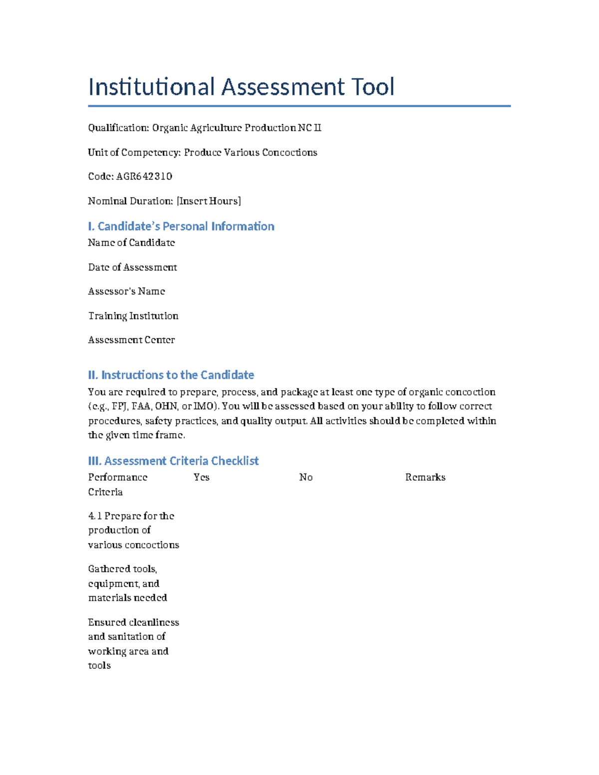 Institutional Assessment Tool: Organic Concoctions Production AGR642310 - Studocu