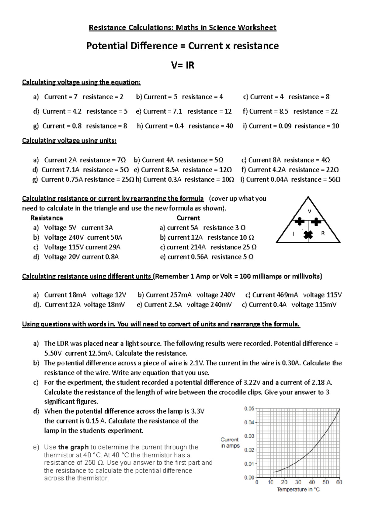Resistance Calculations: Maths Worksheet on V=IR Concepts - Studocu