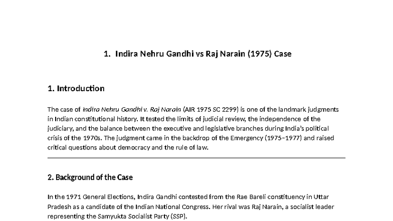 Indira Nehru Gandhi vs Raj Narain (1975) Case Study Analysis - Studocu